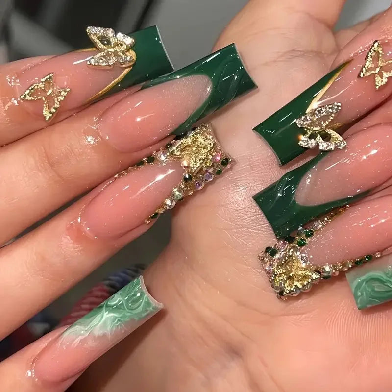 Luxurious Green Acrylic Nails With Gold Accents on Luulla