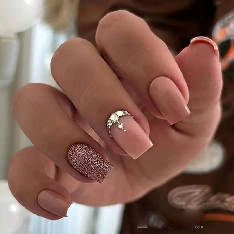 Stunning Matte Pink Glitter Rhinestone Nail Set