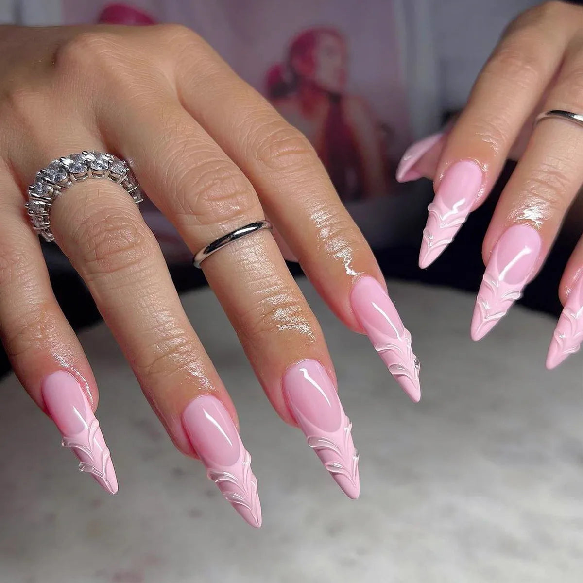 Stunning Long Pink Almond Shaped Fake Nails on Luulla