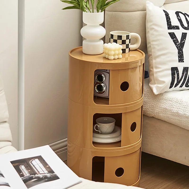 Modern Beige Stackable Round Nightstand With Shelves on Luulla