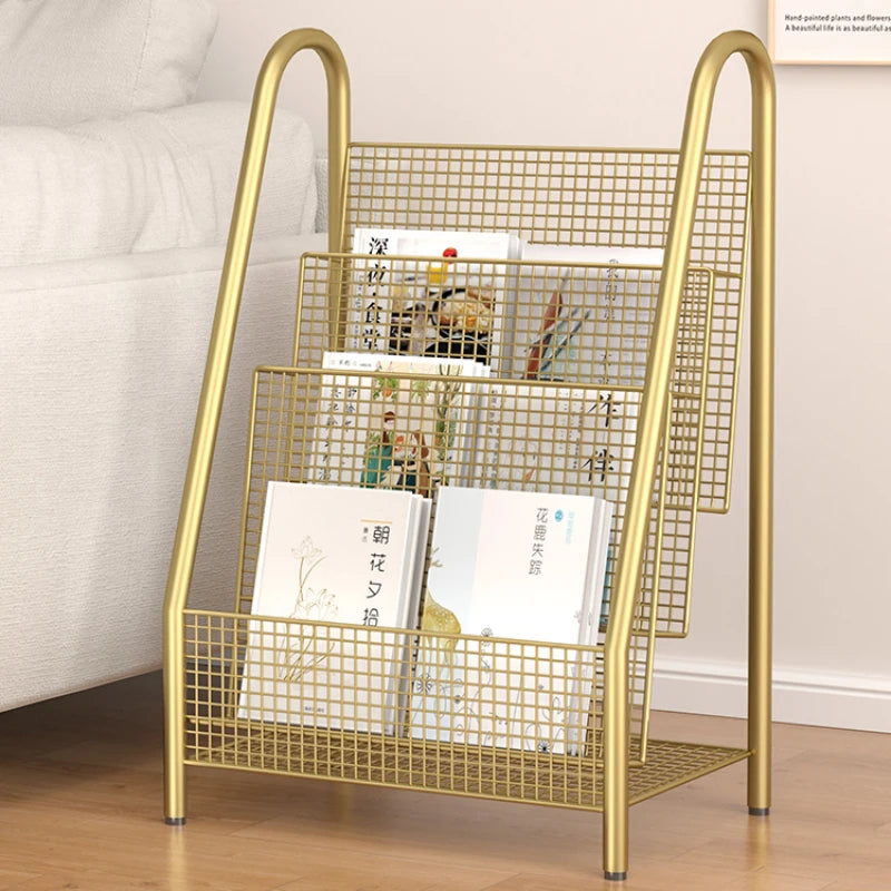 Gold Metal Mesh Floor Magazine Storage Rack on Luulla