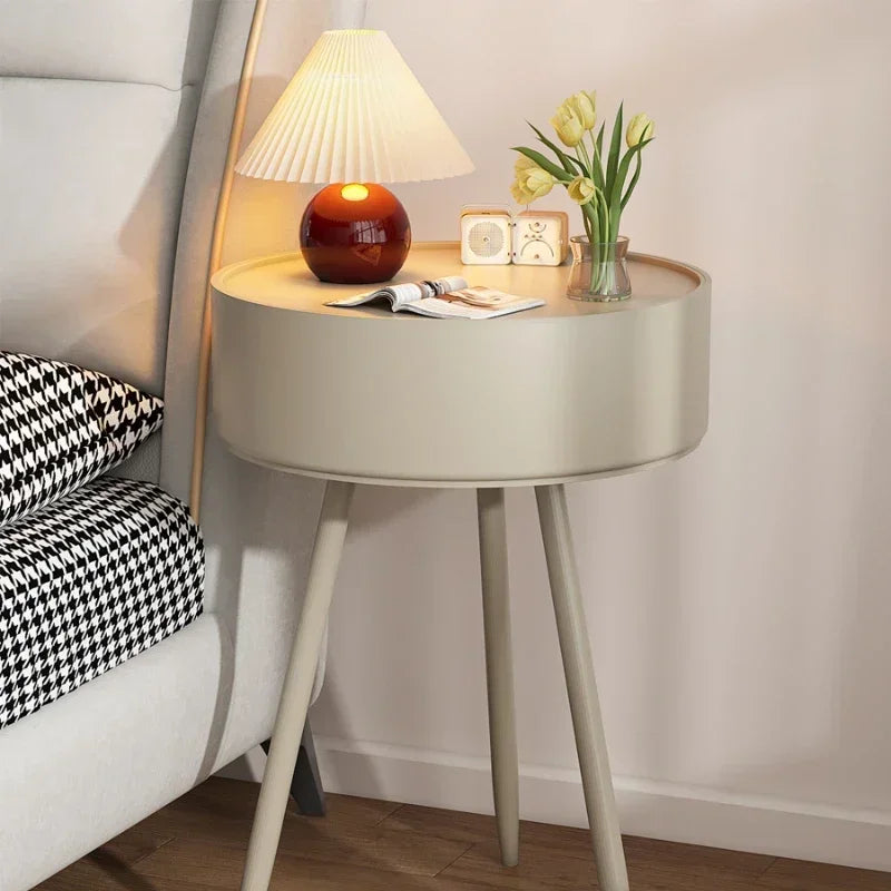 Modern Round Beige Bedside Table With Lamp on Luulla