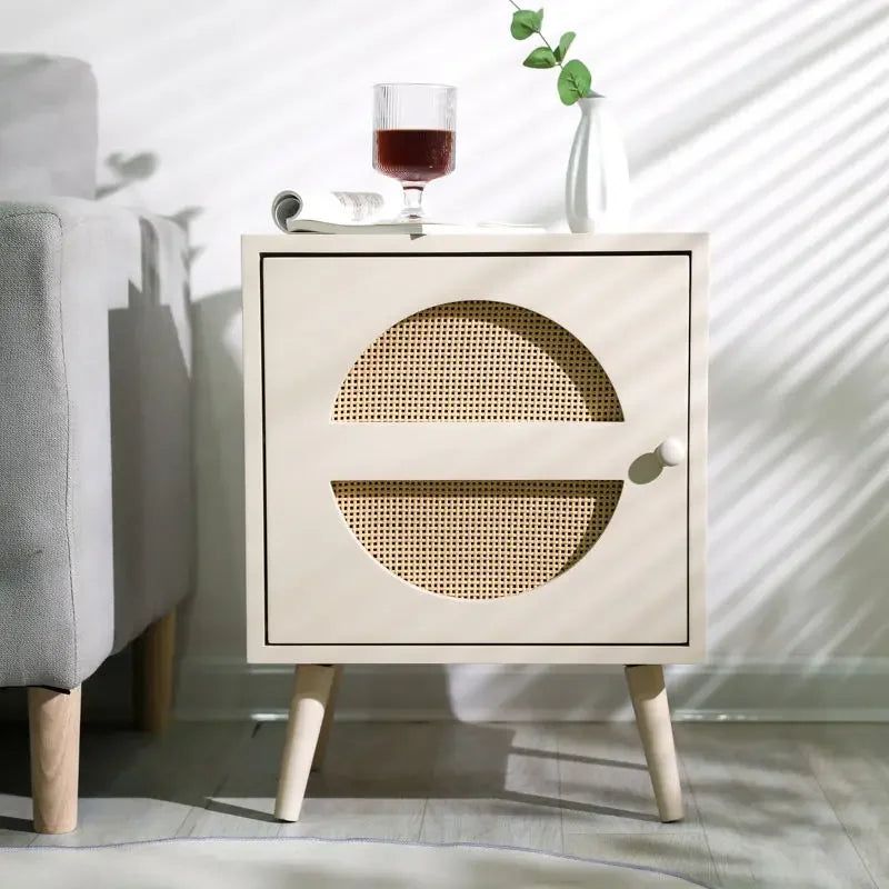 Modern Scandinavian Rattan Side Table With Storage on Luulla