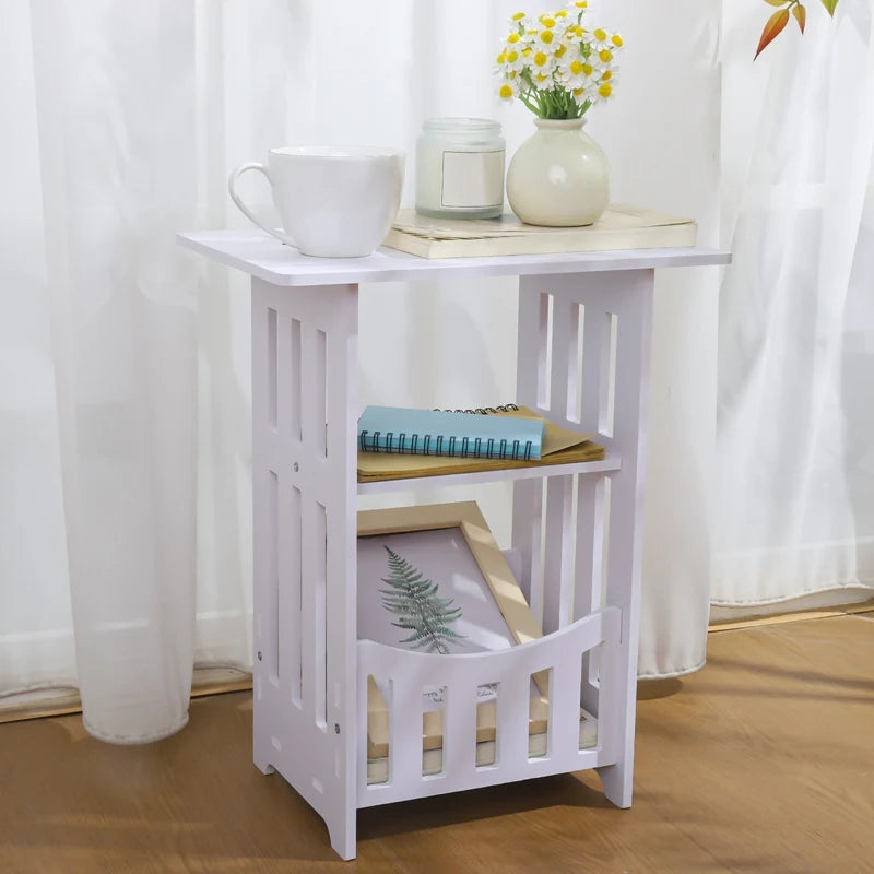 White Wooden Side Table With Storage Shelves on Luulla
