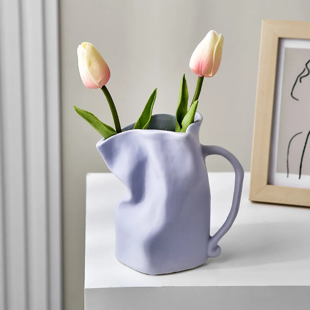 Sculpted Ceramic Vase With Unique Crumpled Design on Luulla