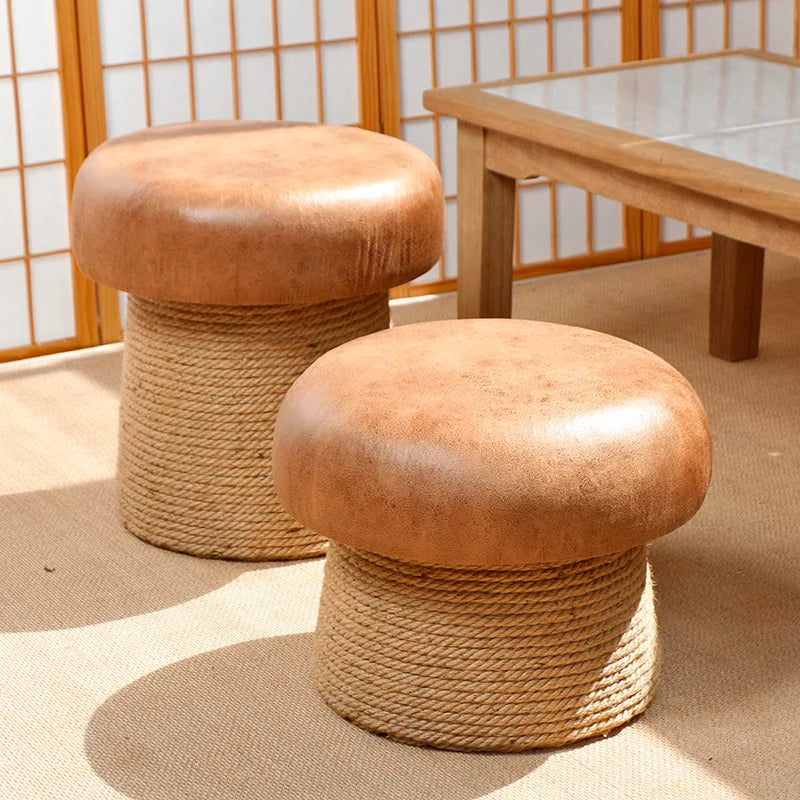 Rustic Faux Leather Rope-wrapped Pouf Stools Set on Luulla