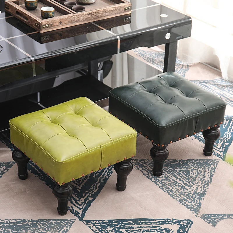 Vintage Leather Tufted Ottoman Set With Sturdy Legs on Luulla