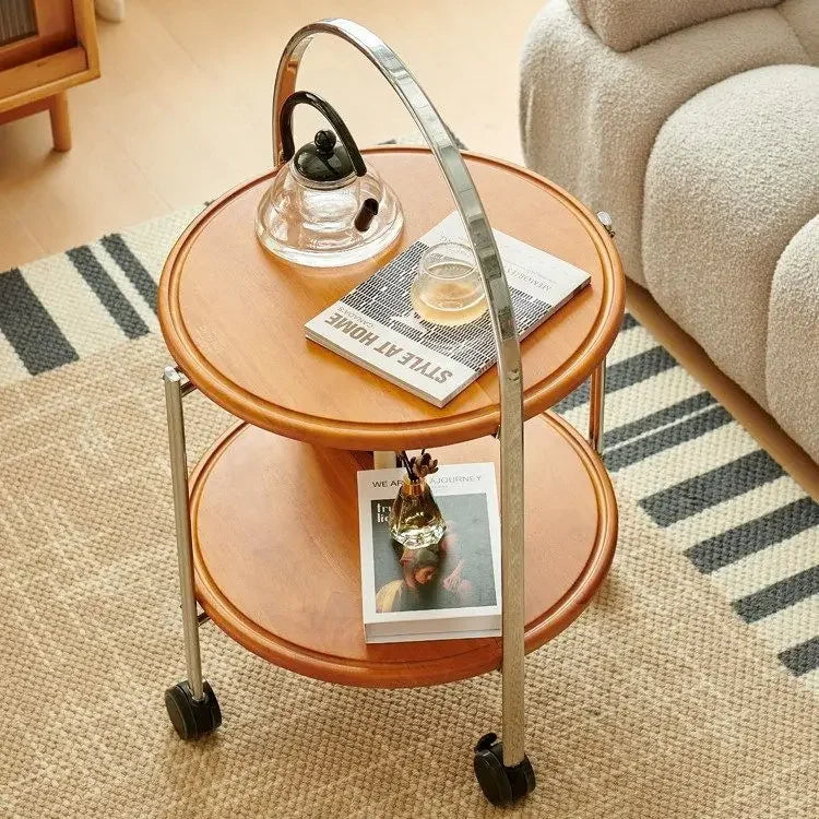 Modern Two-tier Round Wood Rolling Tea Cart on Luulla