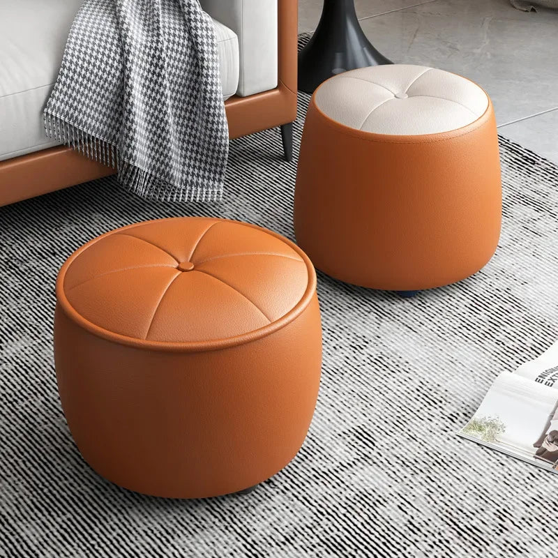 Modern Round Leather Footstool With Plush Cushion on Luulla