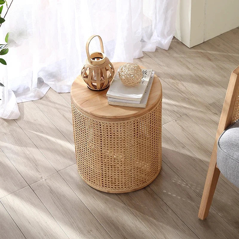 Round Rattan Side Table With Wooden Top on Luulla