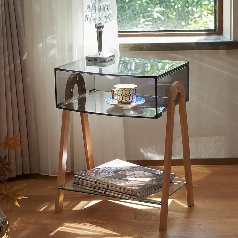 Modern Glass Shelf Table With Wooden Legs on Luulla